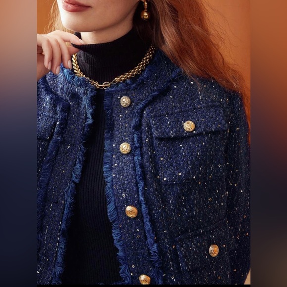 Jackets & Coats | Premium Cropped Glitter Tweed Jacket In Navy Blue ...